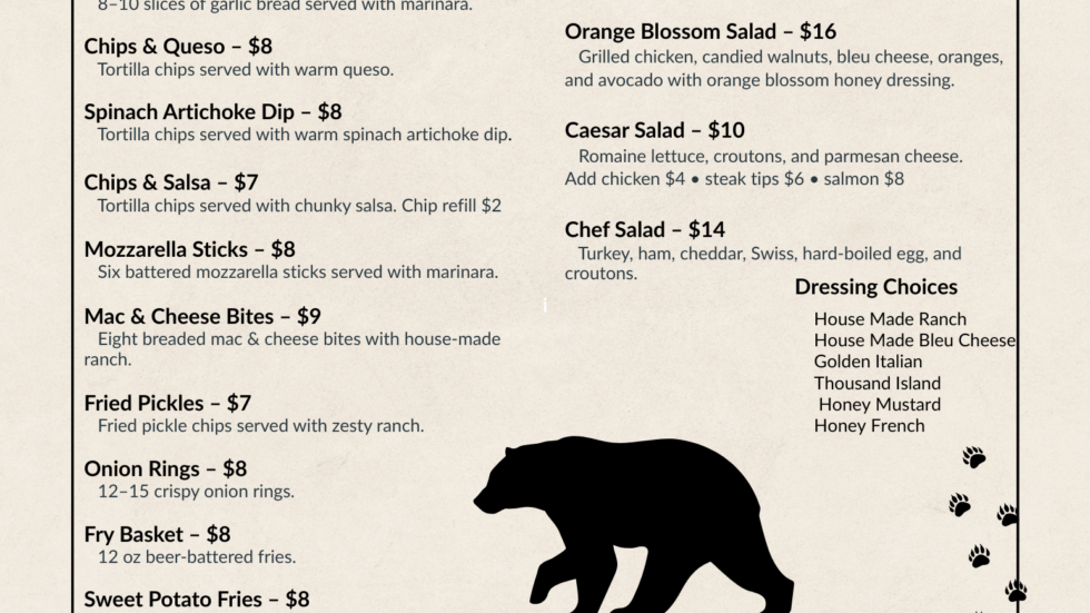 Restaurant Menu – Alpine Lake