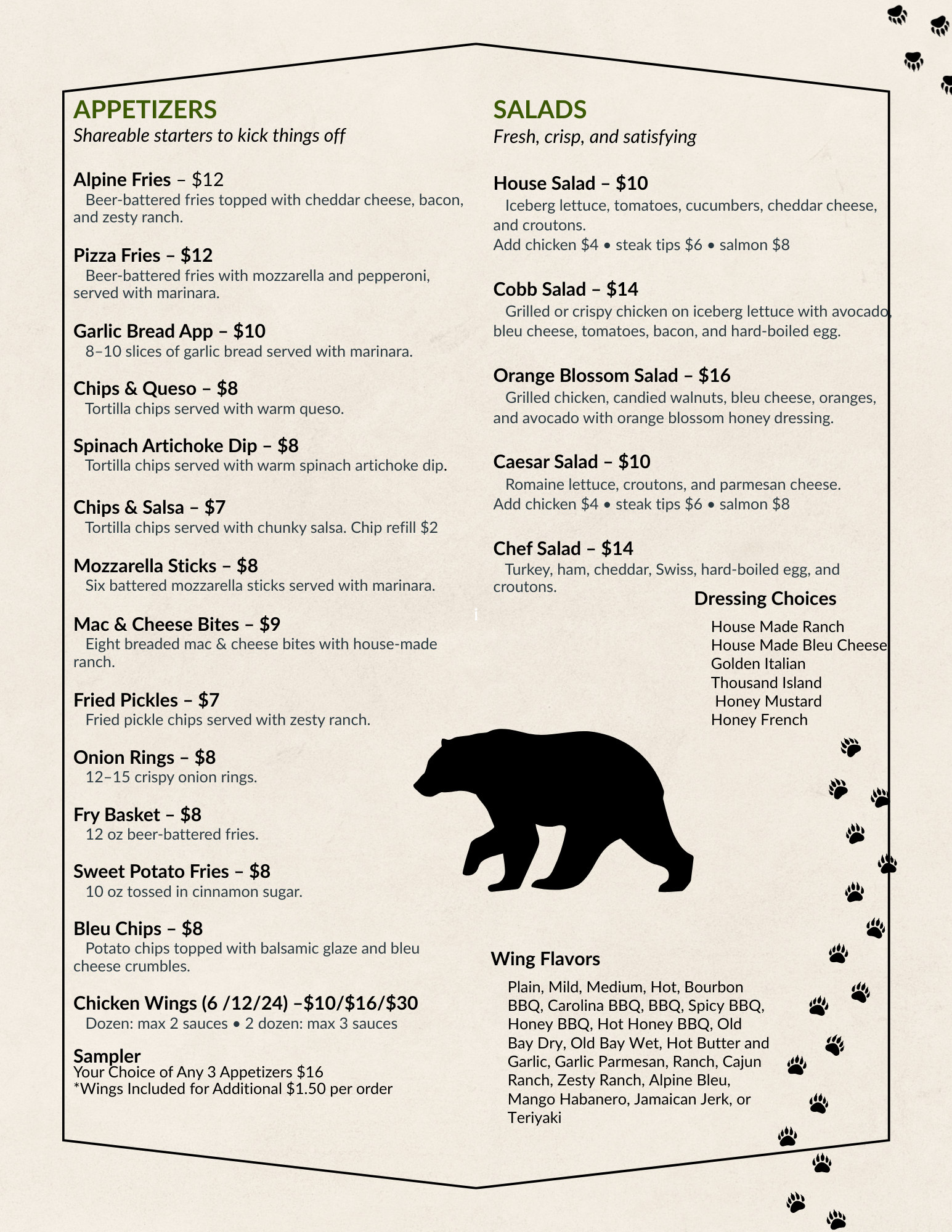 Restaurant Menu | Alpine Lake
