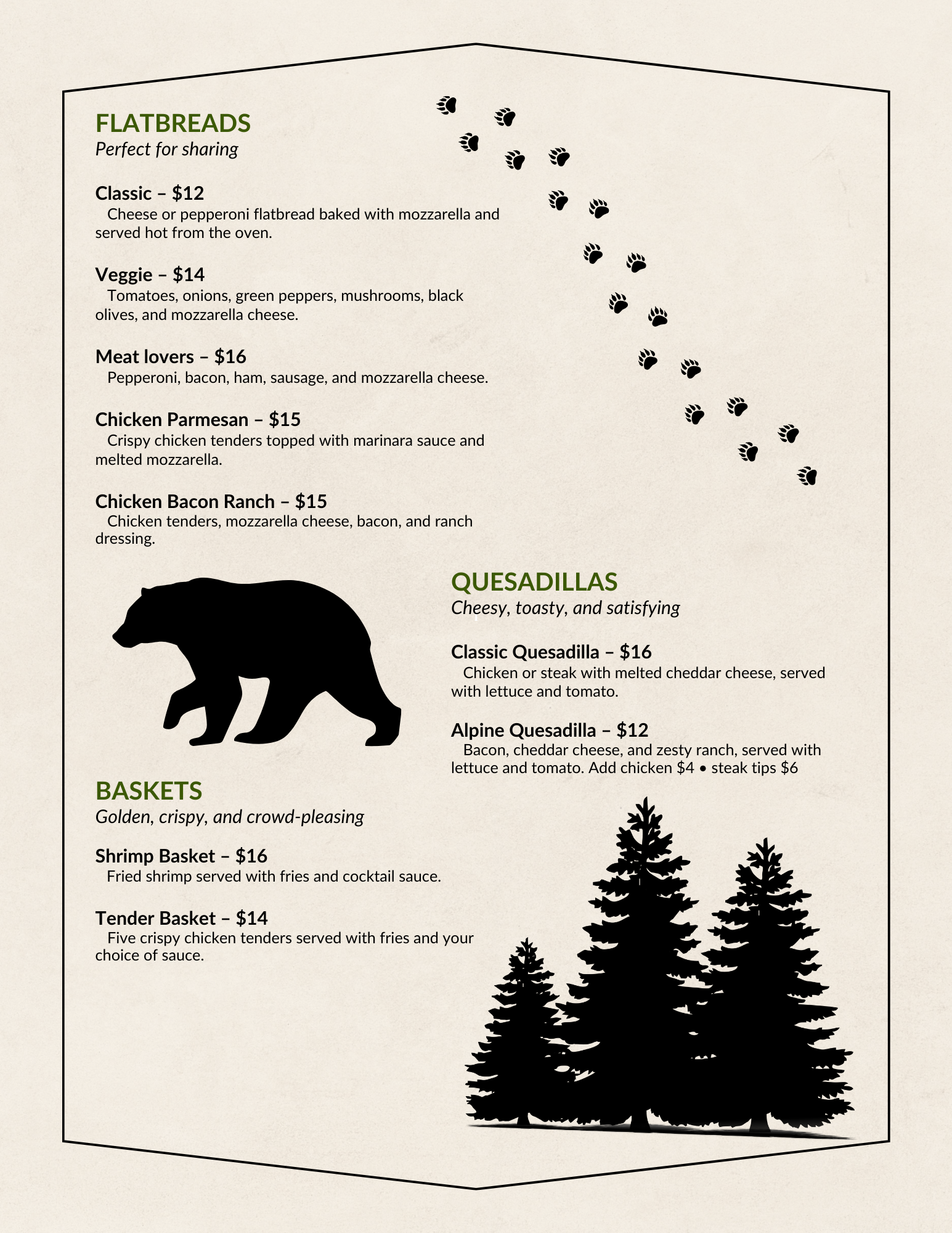 Restaurant Menu – Alpine Lake