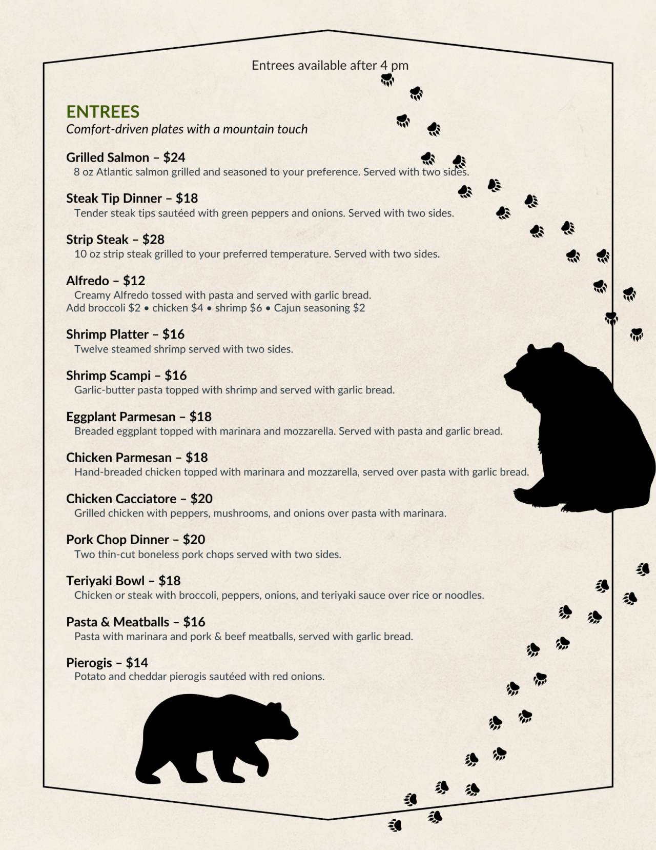 Restaurant Menu – Alpine Lake
